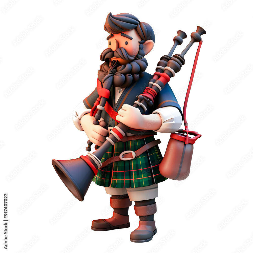 3D Cartoon Scottish Bagpiper in Traditional Kilt Playing Bagpipes ...