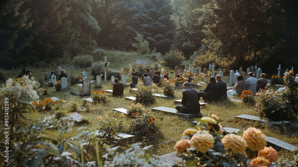 People sitting among graves in a sun-dappled cemetery, participating in ...