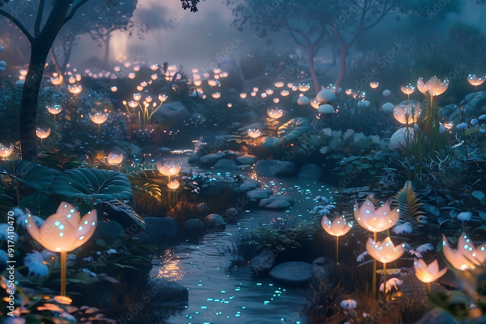 An enchanted garden filled with bioluminescent flowers and plants ...