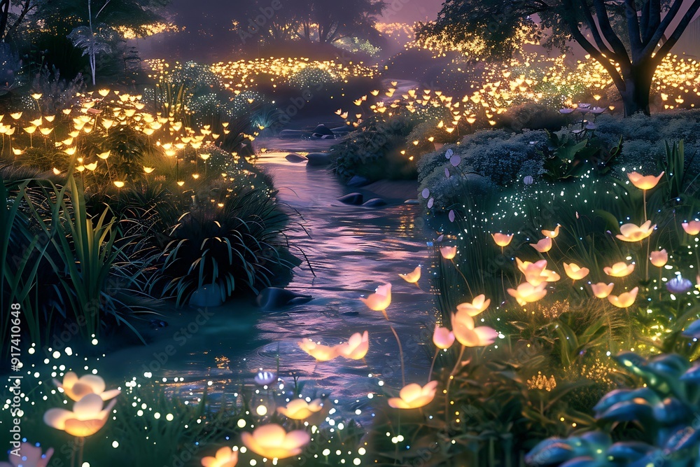 An enchanted garden filled with bioluminescent flowers and plants ...