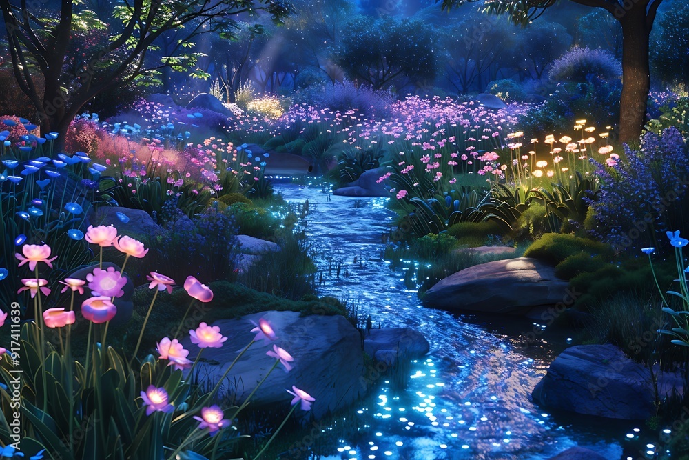An enchanted garden filled with bioluminescent flowers and plants ...