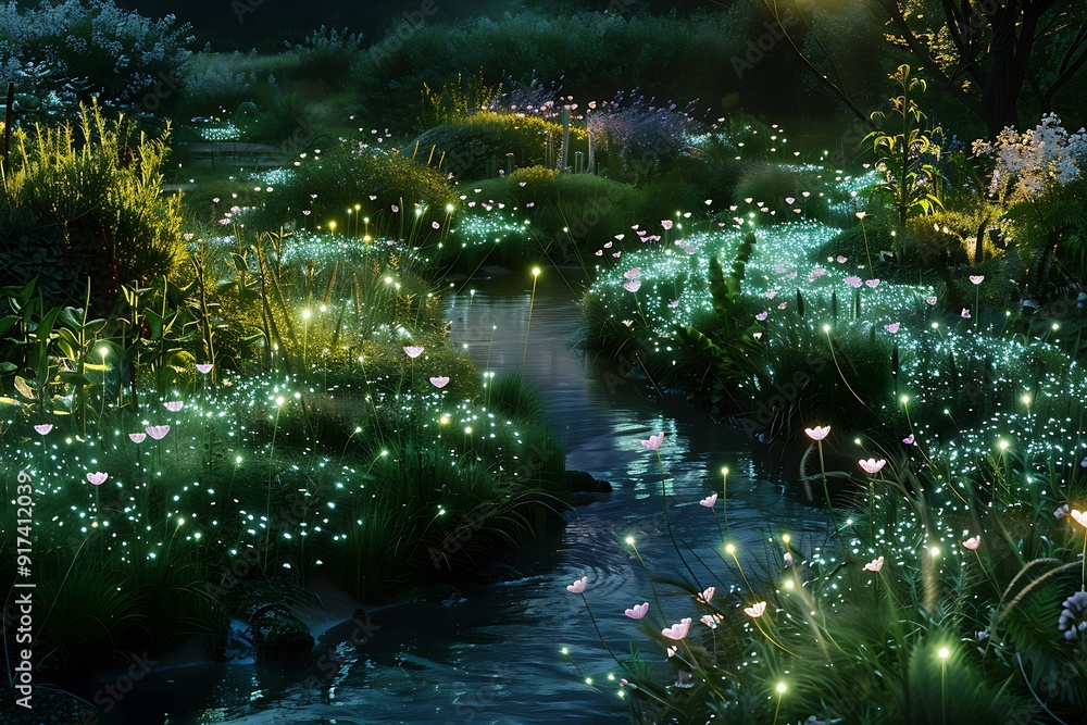 An enchanted garden filled with bioluminescent flowers and plants ...