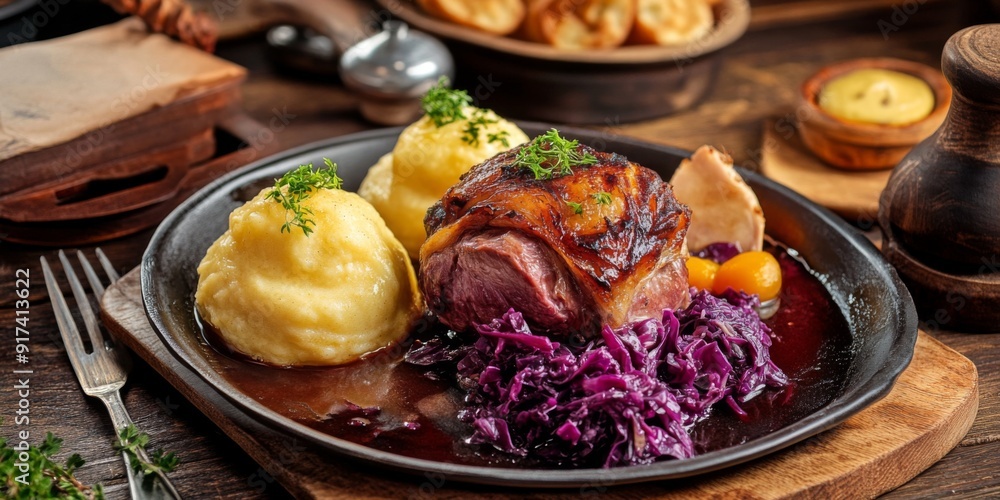Authentic Bavarian Feast: Traditional Pork, Dumplings, and Red Cabbage ...