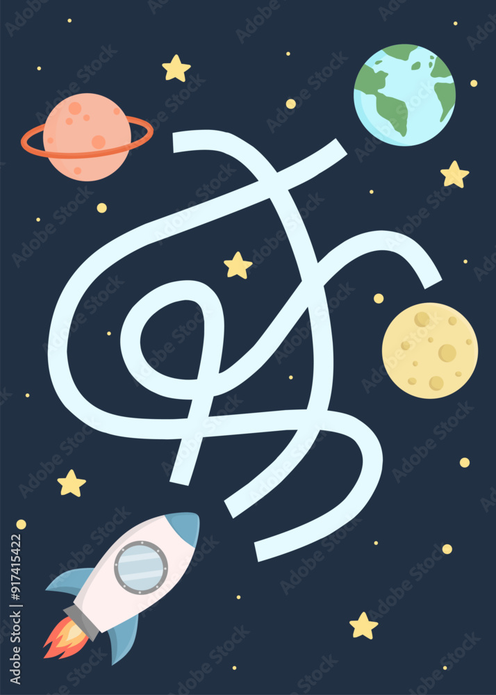 Maze game worksheet for kindergarten, help the rocket find path to the ...