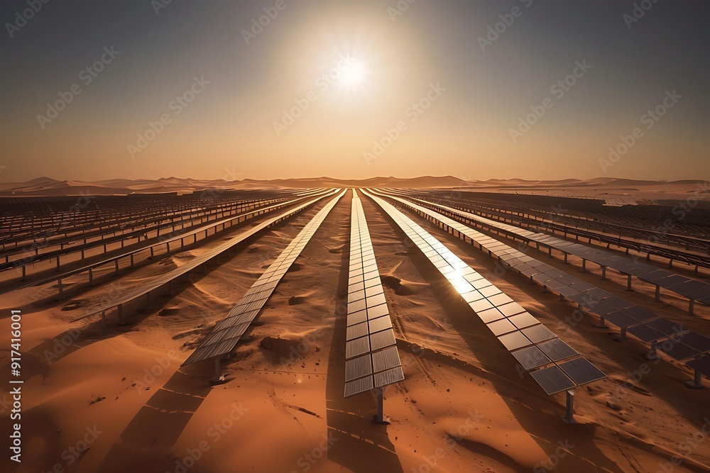 An expansive desert transformed into a solar farm with rows of solar ...