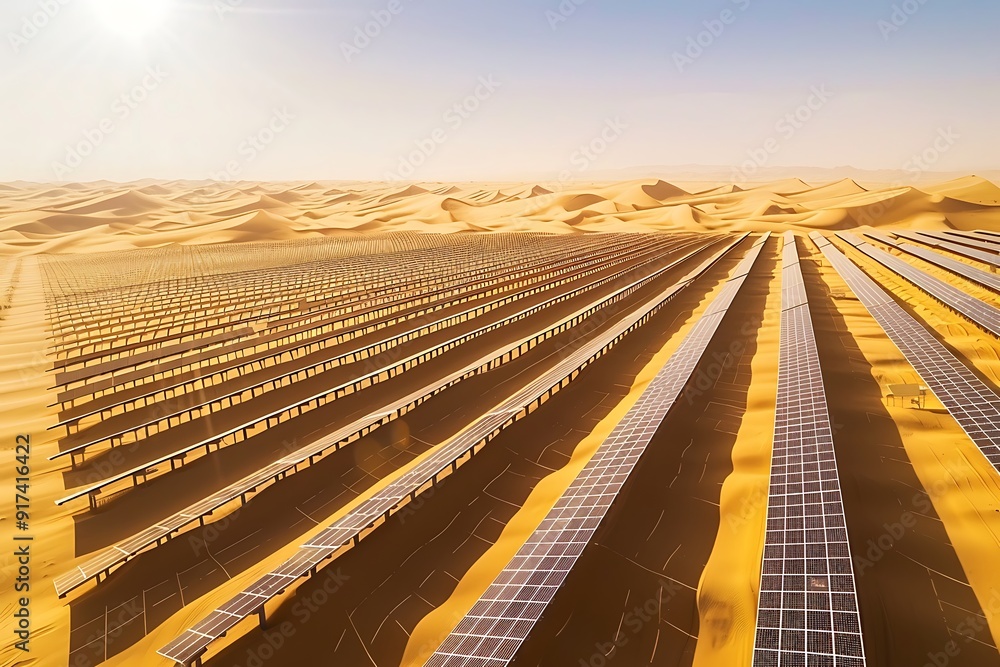 An expansive desert transformed into a solar farm with rows of solar ...