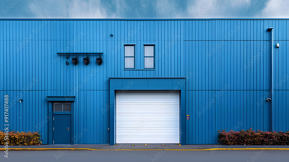 Exterior a blue industrial warehouse dock station exterior with blue ...