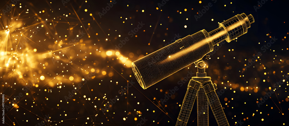 digital yellow telescope icon with glowing data streams symbolizes the ...