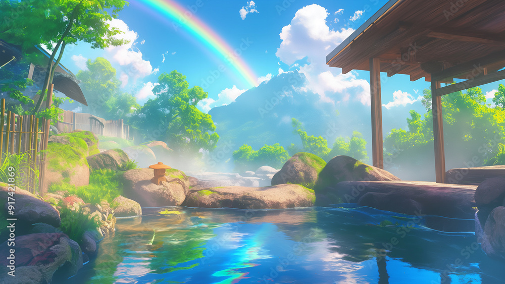 Hot springs in Japan. Styled like an anime or game background. Blue sky ...