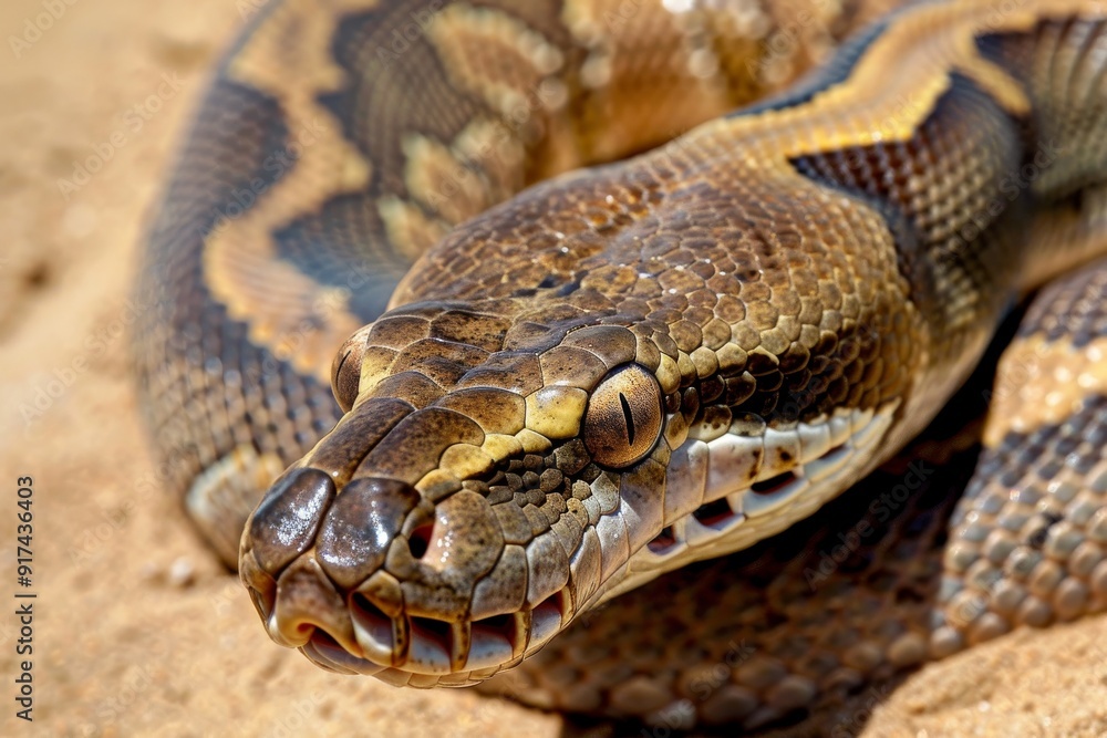 Dark Tiger Python Snake Head on table in a zoo. Close-Up. 4K ...