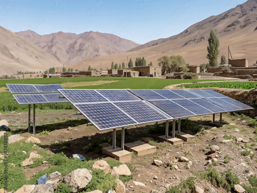 A solar panel array is installed in a field. The panels are arranged in ...
