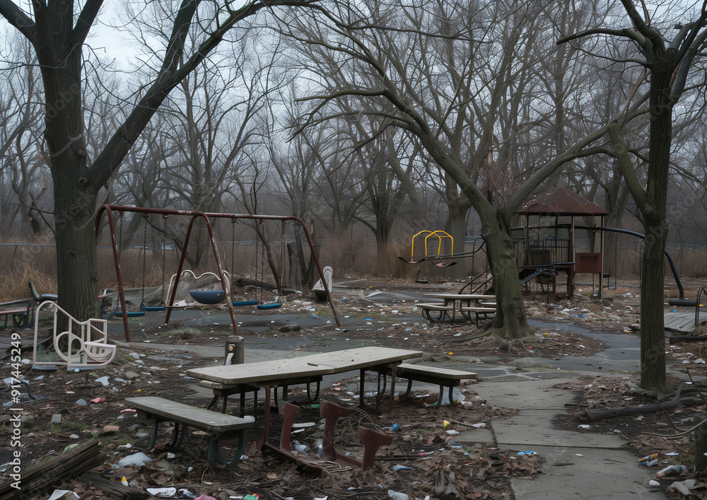 Abandoned Park. Scene of an abandoned park where benches and paths are ...