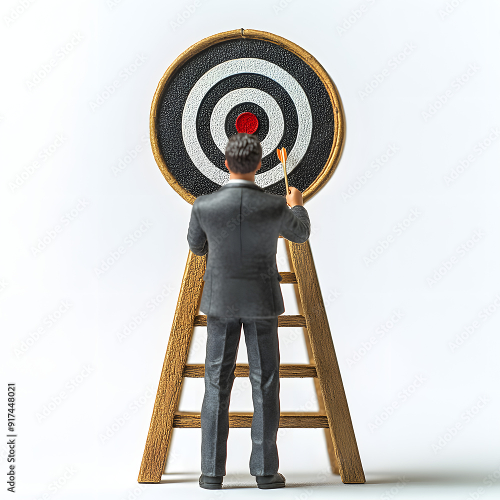 businessman putting dartboard with arrow on the top of ladder for ...