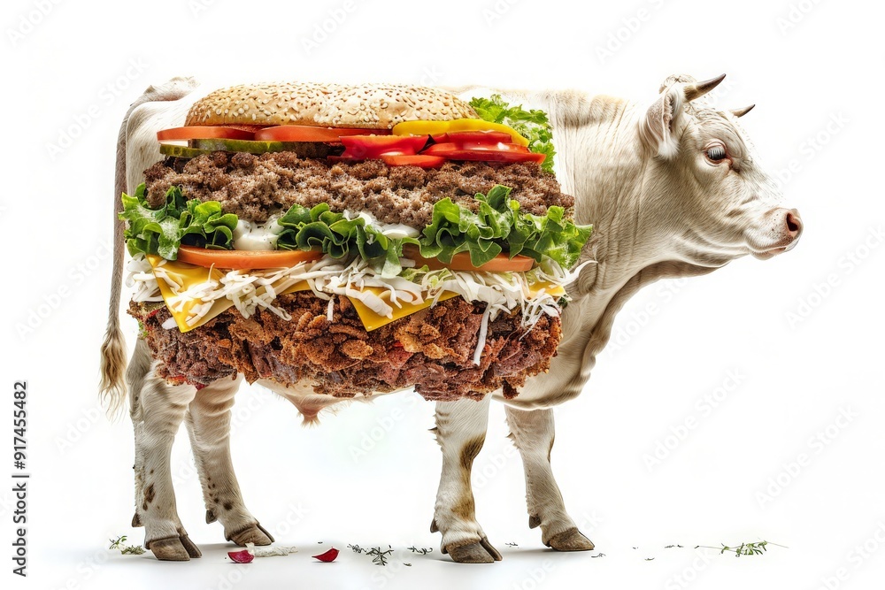 Cow made of burger, conceptual photo with burger ingredients inside cow ...