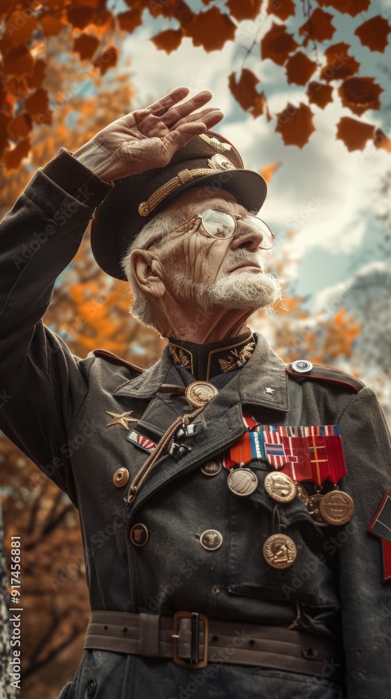 Solemn Veterans Day scene with an elderly veteran in full uniform ...