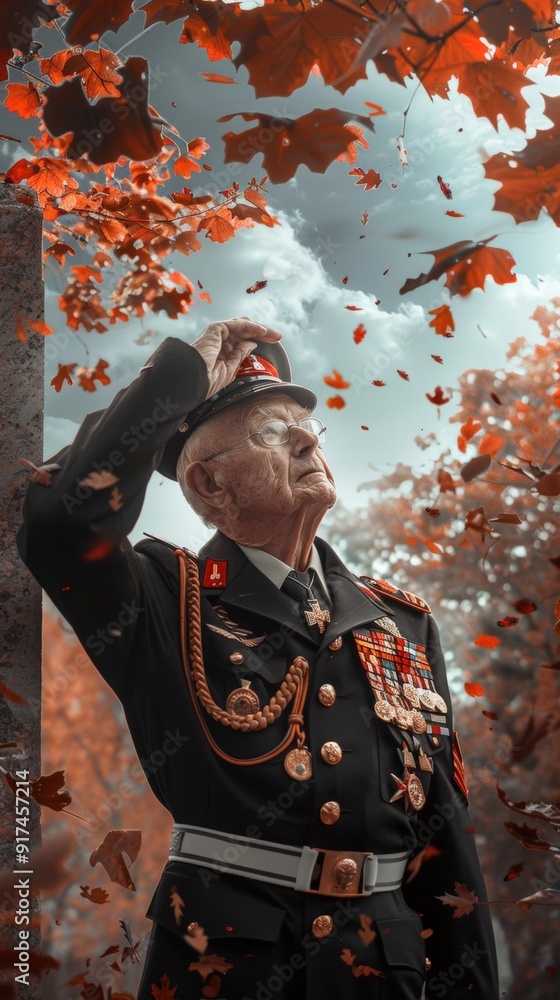 Solemn Veterans Day scene with an elderly veteran in full uniform ...