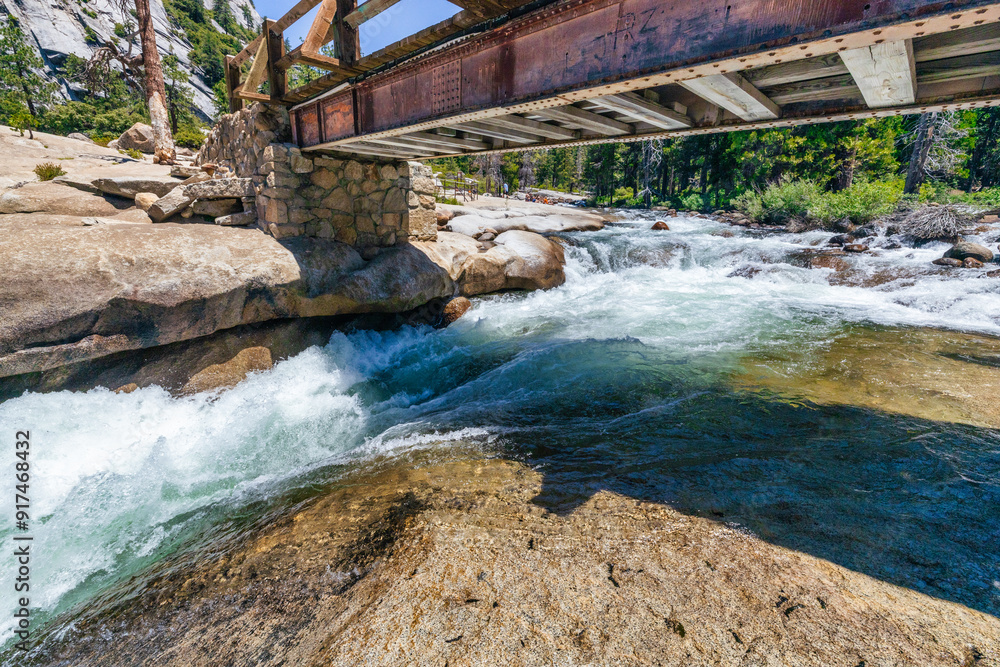 Aerial view of Nevada Fall waterfall on Merced River from Mist trail in ...