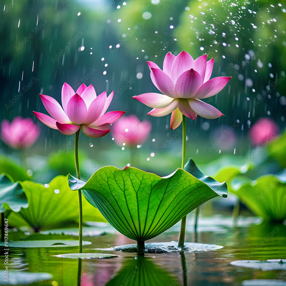 Raindrops on Petals: A Monsoon Symphony, A serene lotus pond during a ...