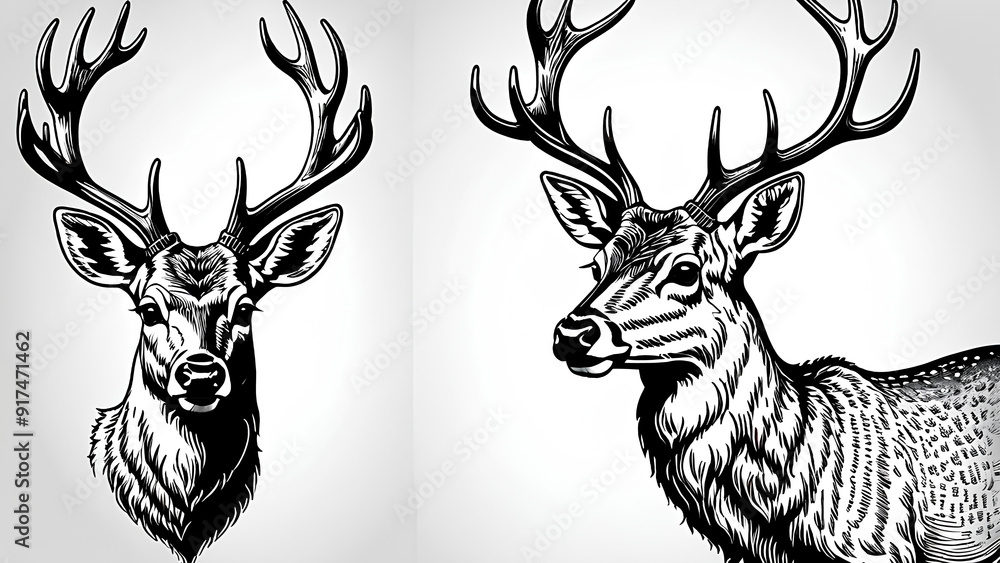 Hand-Drawn Deer Head Vector Illustration in Line Art Engraving Style ...