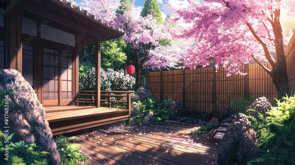 A traditional Japanese house's backyard with blooming cherry trees, a ...