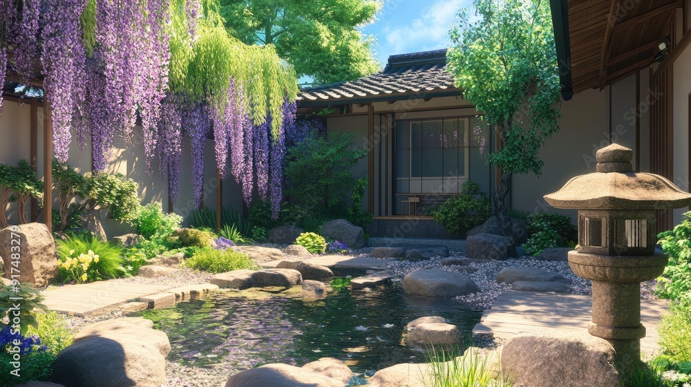 Anime-style backyard of a Japanese home with a stone lantern, wisteria ...
