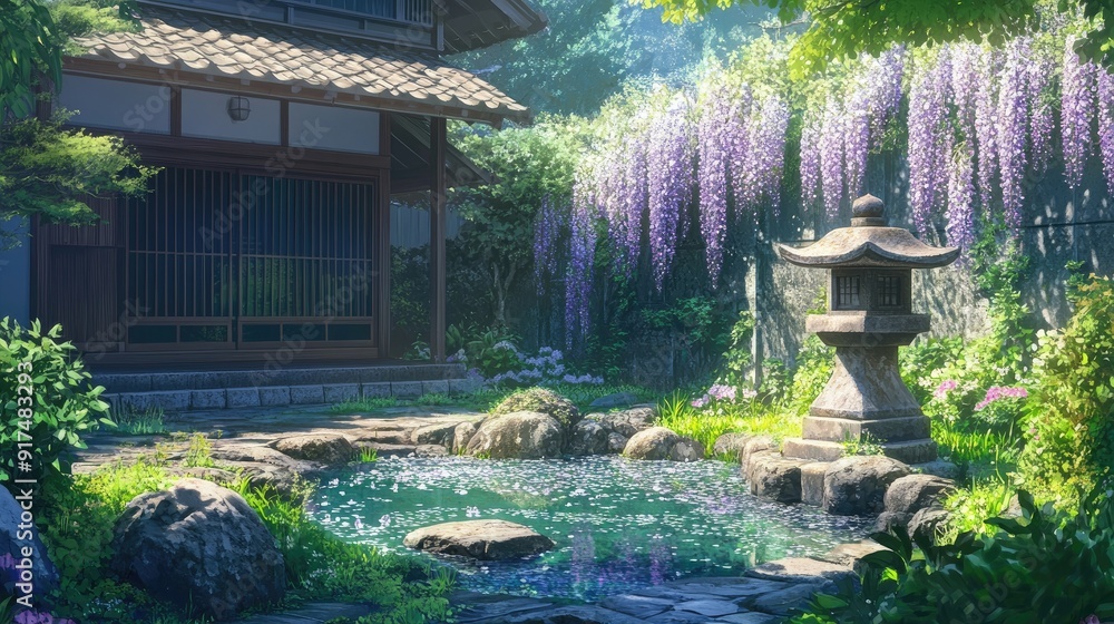 Anime-style backyard of a Japanese home with a stone lantern, wisteria ...