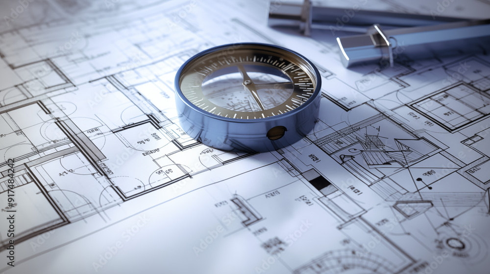 Compass And Ruler On Architectural Blueprint Detailed Technical Drawing ...