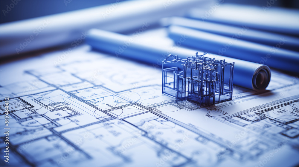 Close-Up Of Architectural Blueprints With Rolled-Up Technical Drawings ...