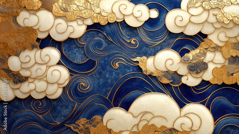 Decorative golden cloud and blue wave patterns in an oriental style ...