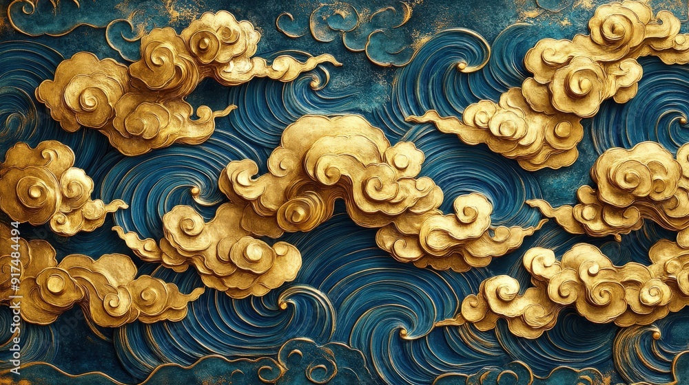Ornamental golden cloud and blue wave motifs, reflecting an oriental ...