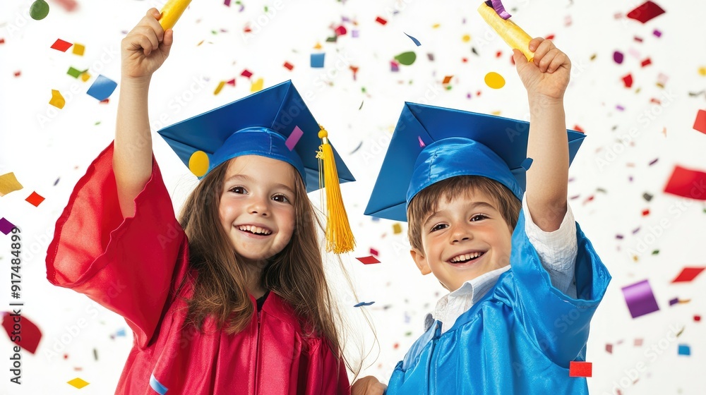 Cute girl and boy celebrating graduation, holding confetti poppers ...