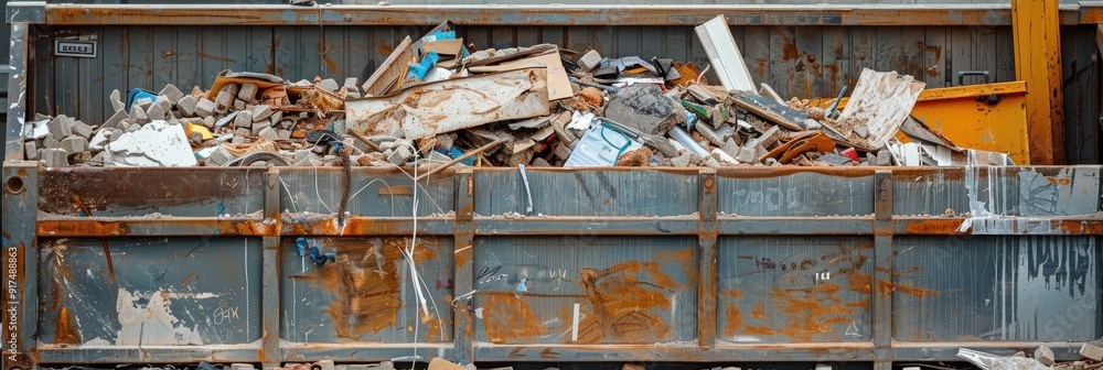Debris from construction project in sizable metal dumpster stack of ...