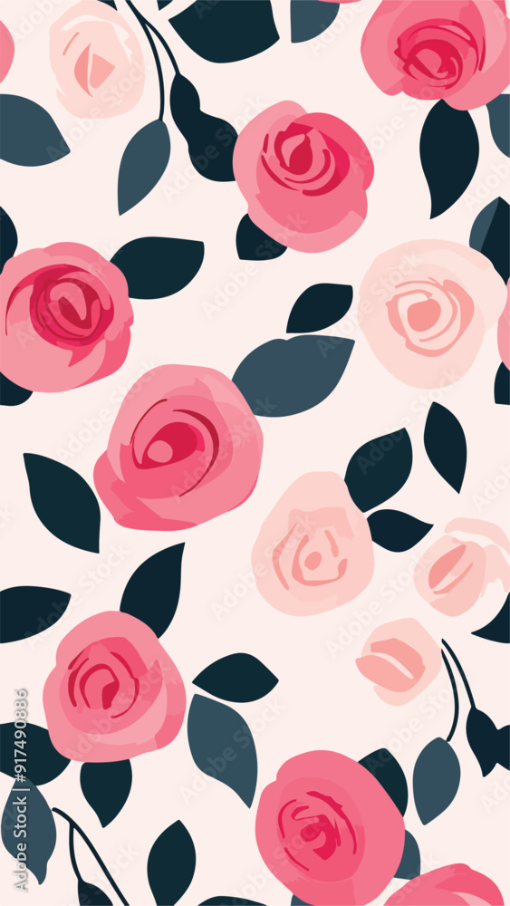 A seamless vertical pattern featuring bold red, pink, and cream roses ...