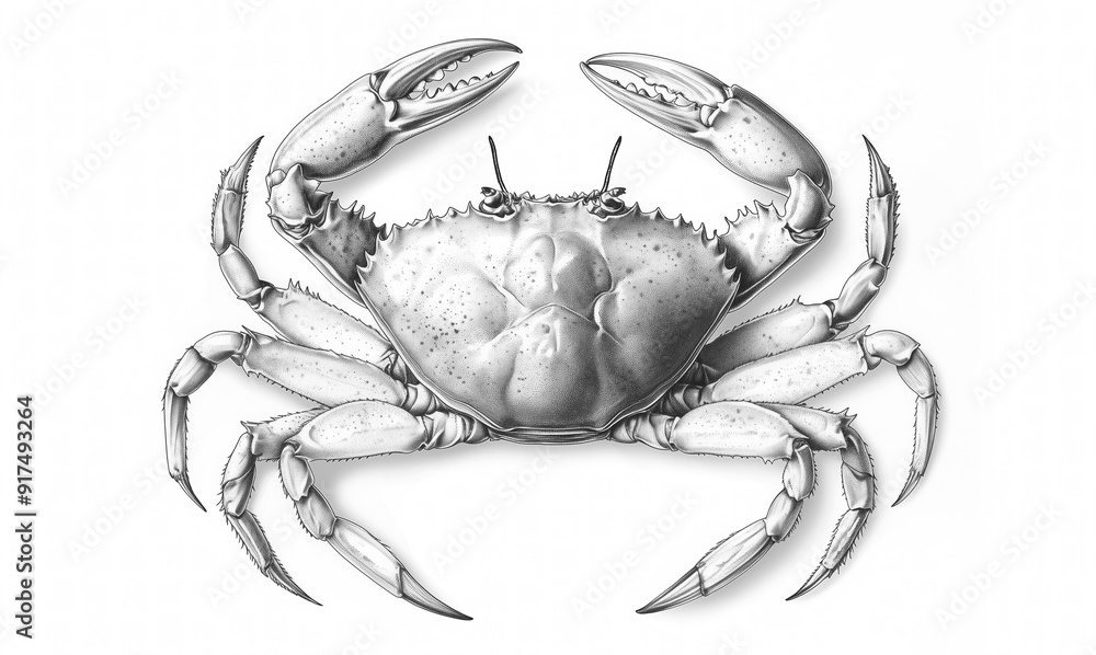Seafood, crab. Vintage retro print, black white seafood crab sketch ink ...