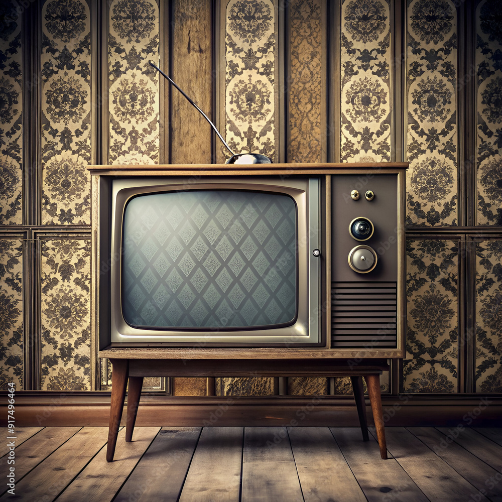 A black and white TV set with a tube screen, featuring an antique ...