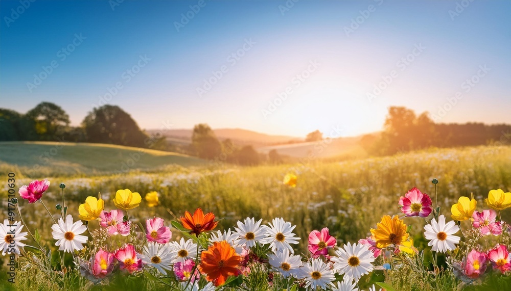 paysage de fleurs dans un champs avec fond ensoleille champetre nature ...