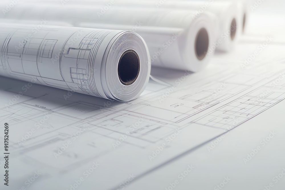 Architectural blueprint rolls on white background with technical ...