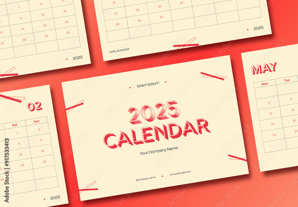 Cream Calendar with Red Accents Stock Template | Adobe Stock