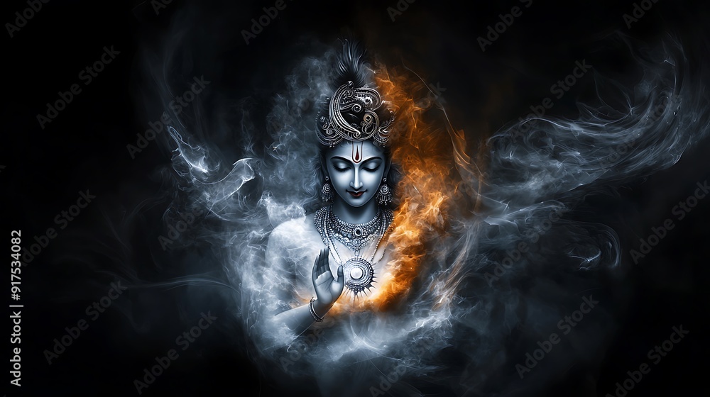 Artistic portrayal of Lord Krishna in his divine form, surrounded by an ...