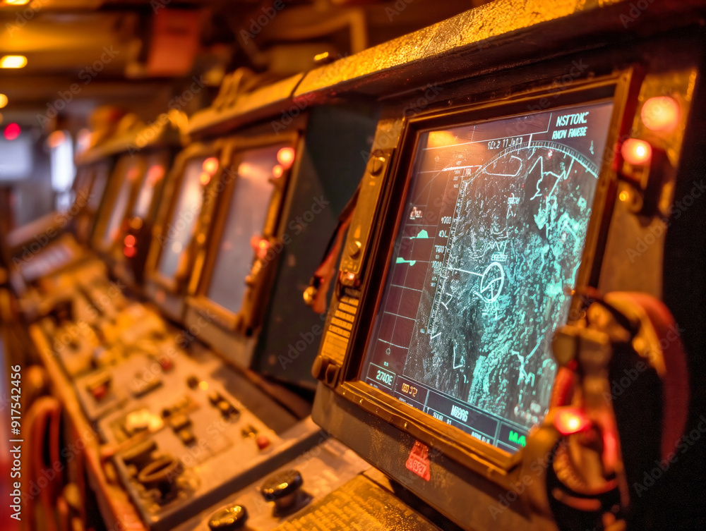 A row of computer monitors with a green screen in the middle. The ...