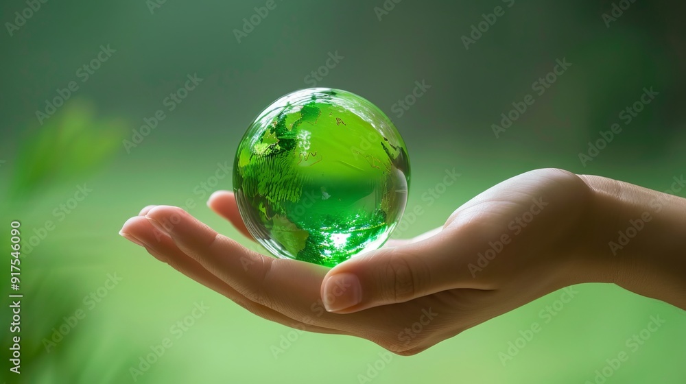 Crystal glass globe ball and green energy in hand saving the ...