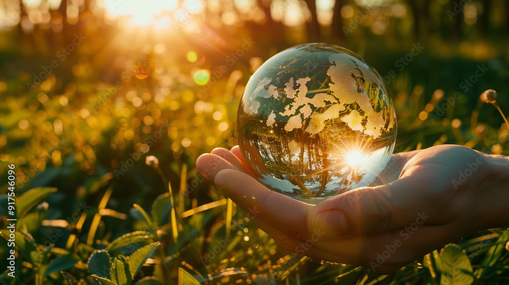 Crystal glass globe ball and green energy in hand saving the ...