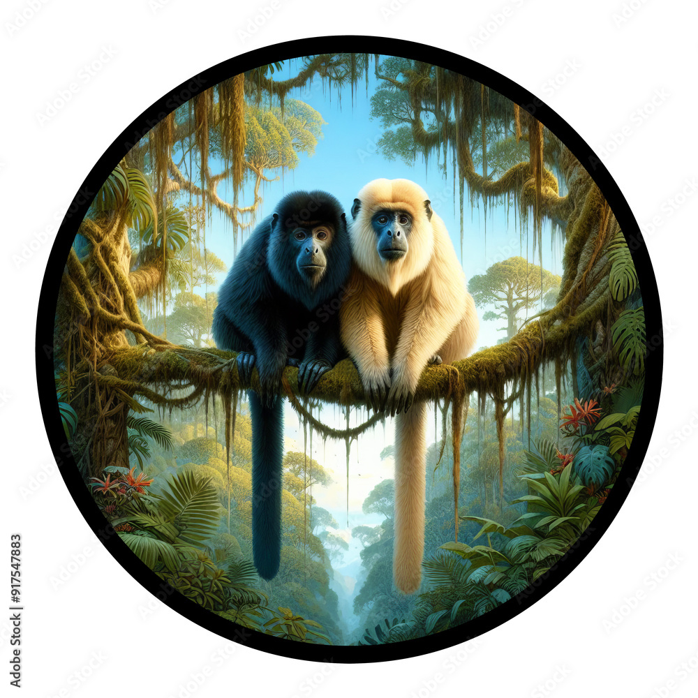 A circular 3D rendered watercolor painting of a male and female Howler ...