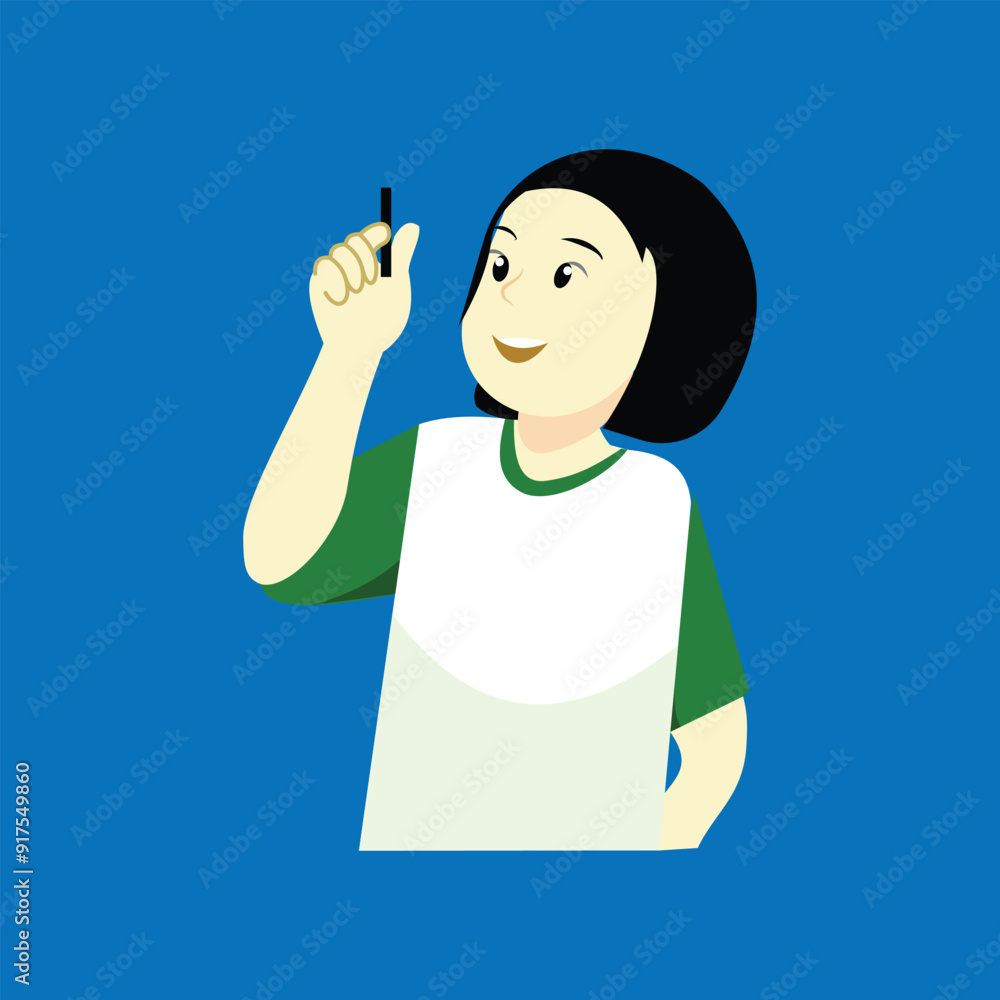 Girl writing with marker on blue background. Cartoon illustration in ...