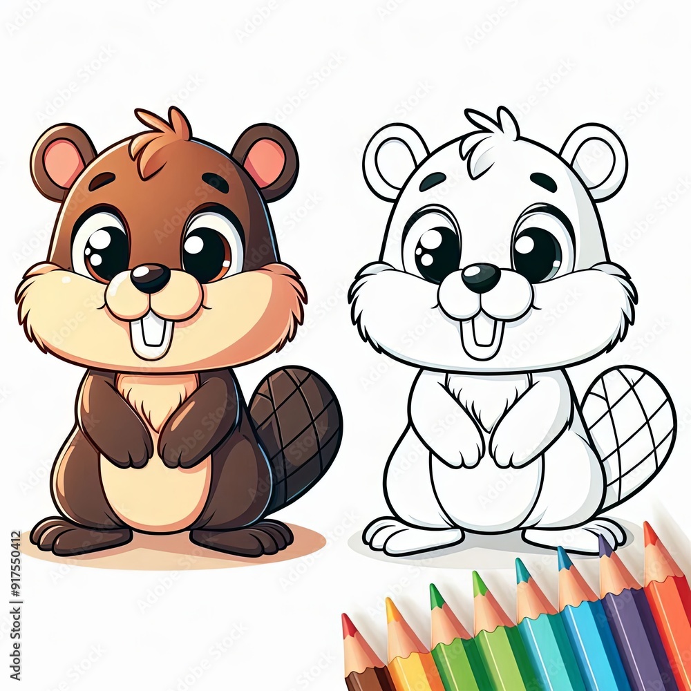 Charming cartoon beavers in color and outline, inviting creativity with ...
