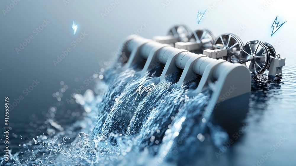 Minimalist hydroelectric dam design with water flow lines, turbine icon ...