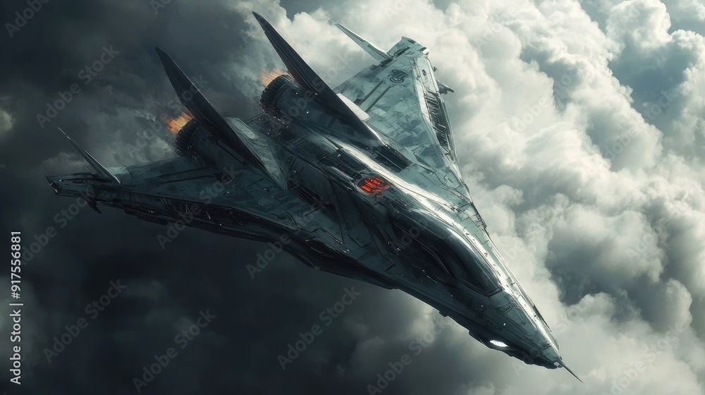 A futuristic fighter jet maneuvering through a cloudy sky, with ...