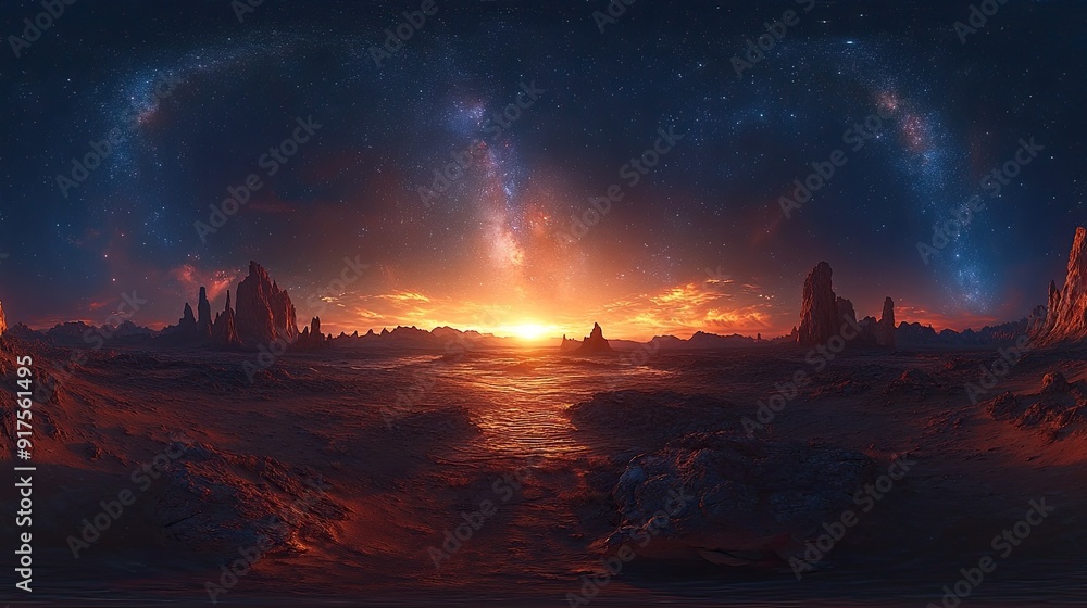 360 degree starry nighttime desert scenery, equirectangular projection ...