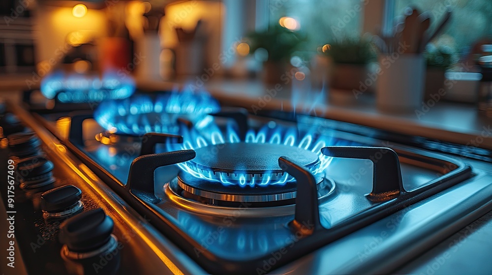 a close-up of a blue fire coming from the stovetop in a home kitchen ...