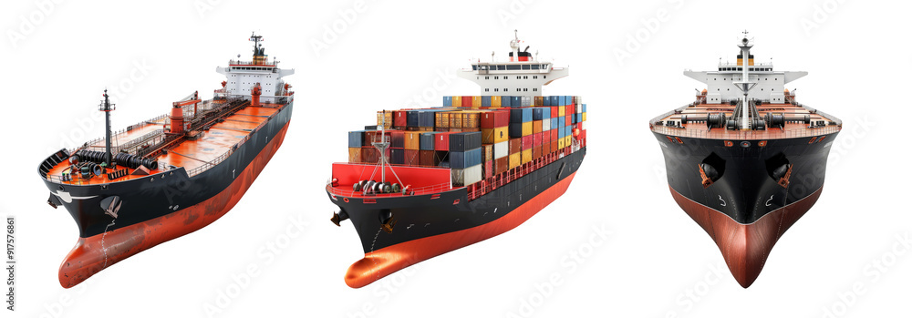 Cargo ships set isolated on transparent background with large container ...